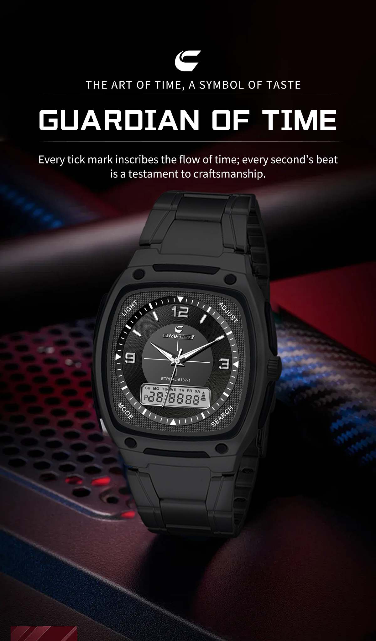 CHAXIGO Multifunctional Men's Watch Waterproof Luminous Square Steel ...