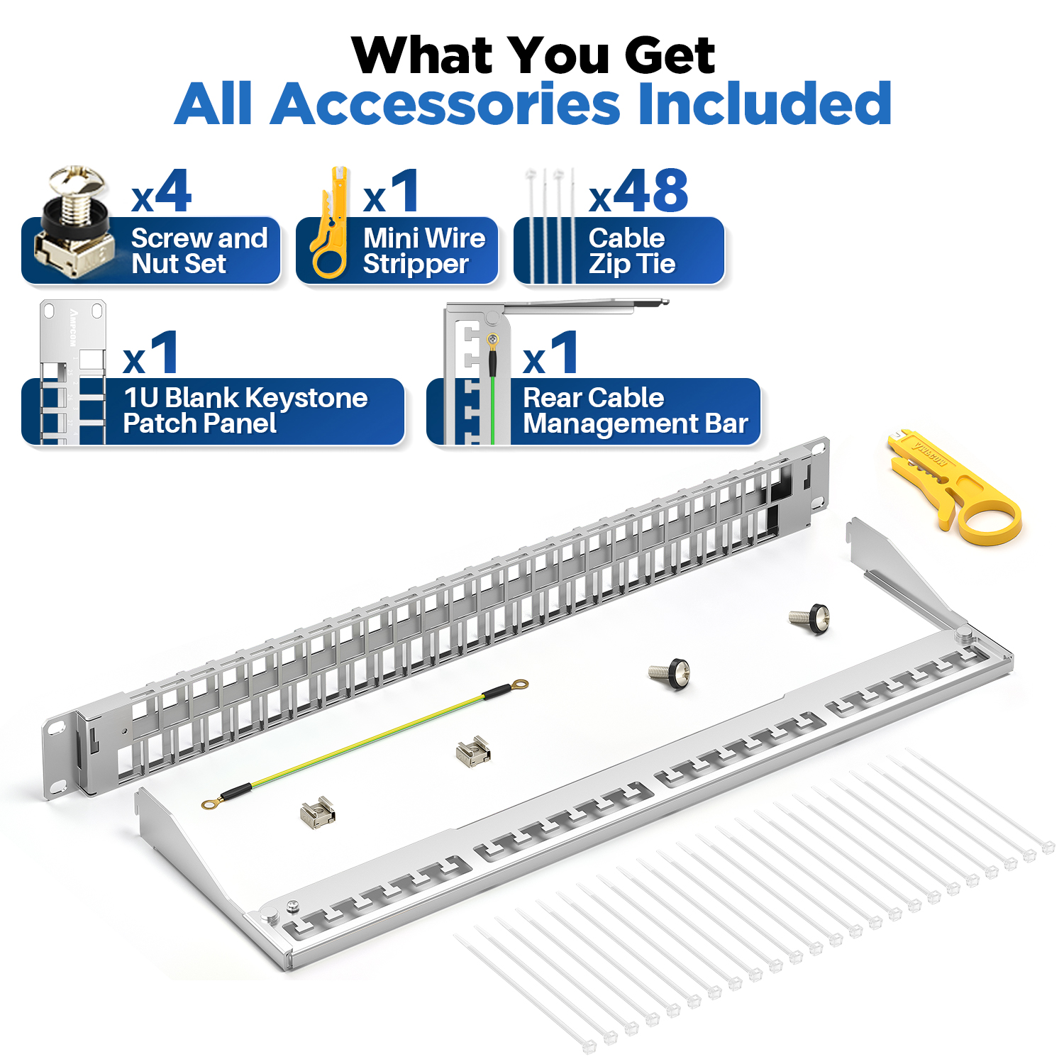 AMPCOM Blank Keystone Patch Panel 1U 48-Port, STP UTP Rack Mount w ...