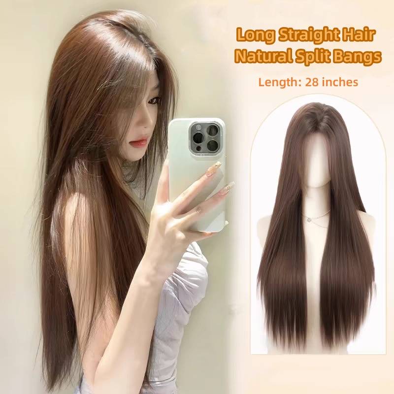 70CM Wigs for Woman Long Hair Natural Full Head Wig Black Long Straight ...