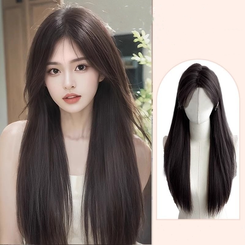 70CM Wigs for Woman Long Hair Natural Full Head Wig Black Long Straight ...