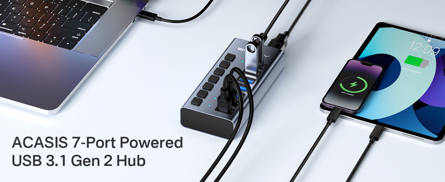 ACASIS 7 Ports Powered 10Gpbs USB Hub USB3.1 Data Hub With Individual ...
