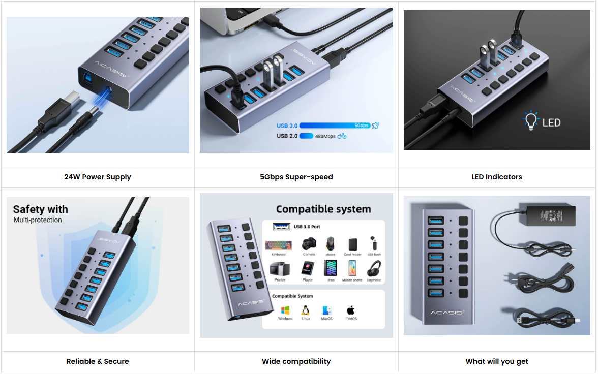 ACASIS 7 Ports Powered 10Gpbs USB Hub USB3.1 Data Hub With Individual ...
