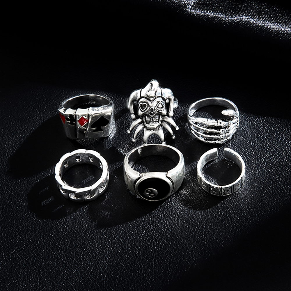 6PC Hip Hop Poker Rings Set - Gothic Skull Claw 8 Ball Statement ...