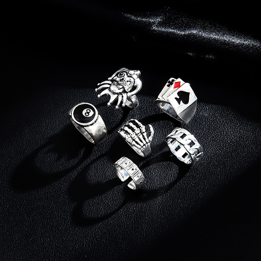 6PC Hip Hop Poker Rings Set - Gothic Skull Claw 8 Ball Statement ...