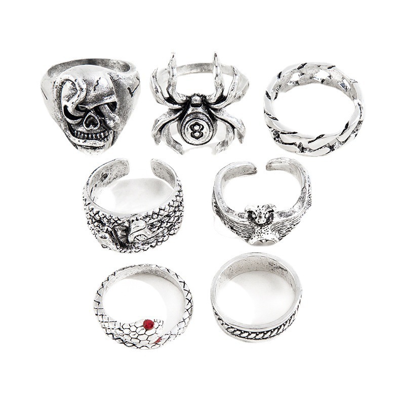 7 Pcs Gothic Ring Set with Spider Snake Bat Skull Design Vintage ...