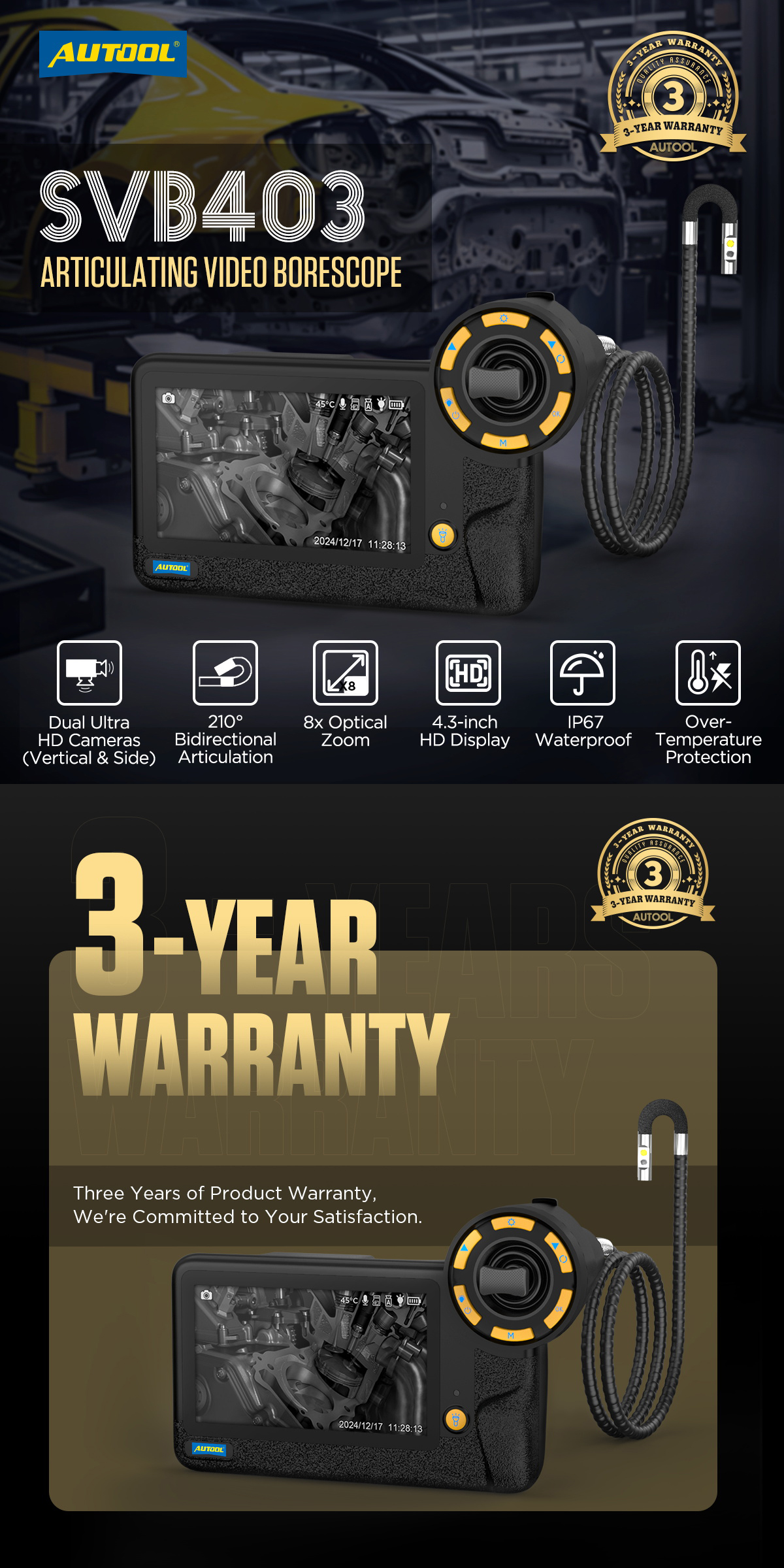 AUTOOL SVB403 Endoscope Camera HD Display IP67 Waterproof 210 ...