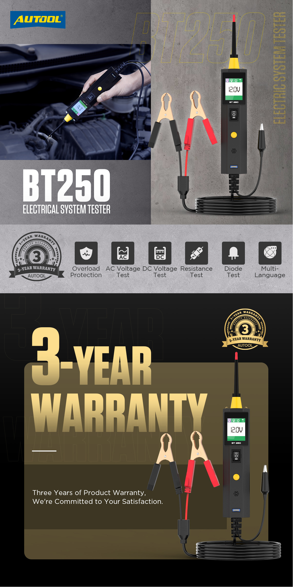 AUTOOL BT250 Circuit Auto Battery Tester Car Electrical System Analyzer ...