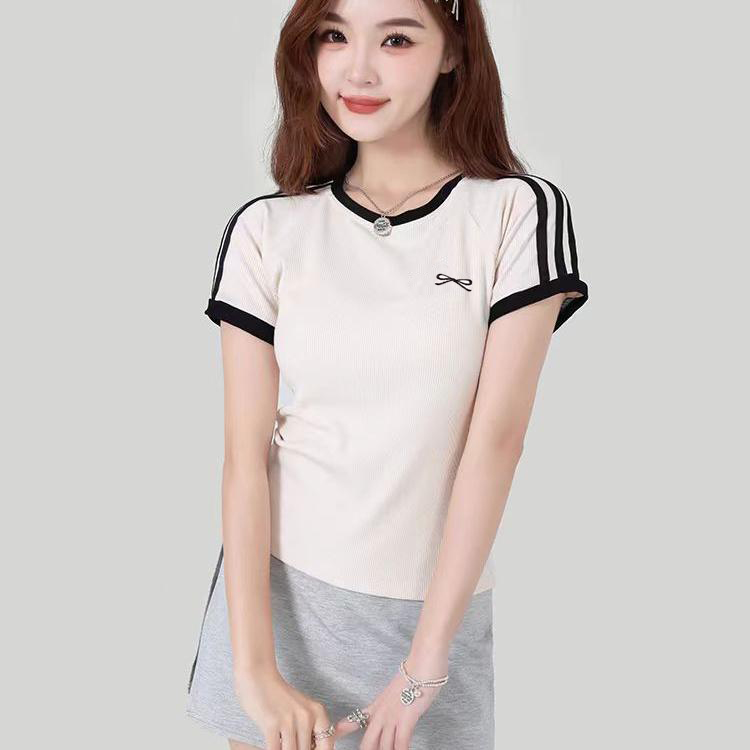 Women Korean Slim T-Shirt Striped Short Sleeve Crop Top | Shopee ...