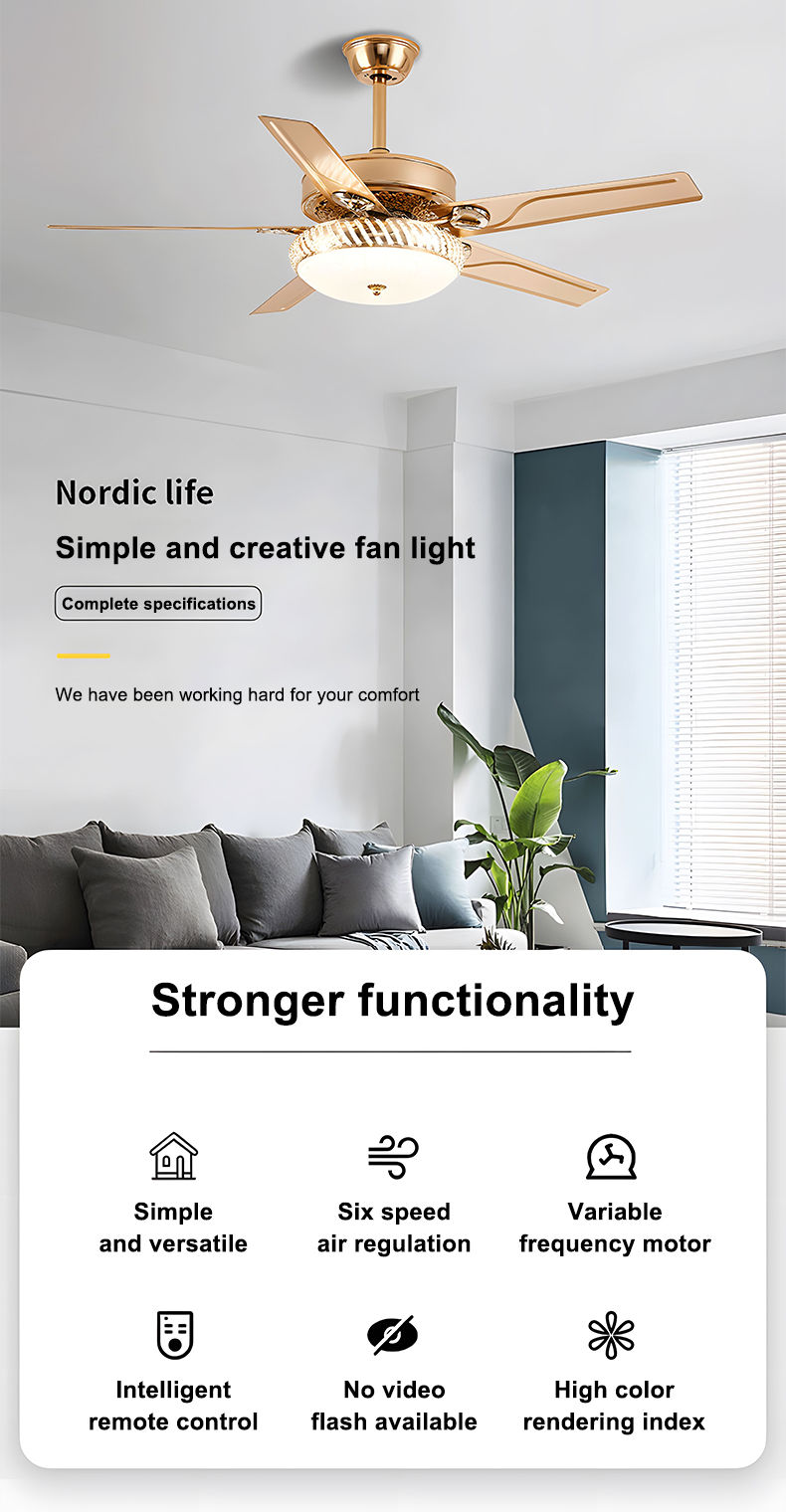 KASIDA Crystal Ceiling Fan With light 42/52inch 3 Colors Lights 6 Speeds Wind Dc Chandelier ...