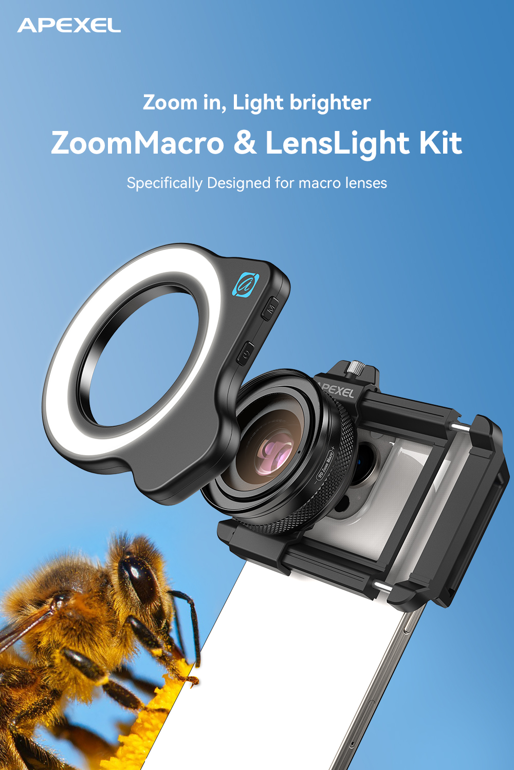APEXEL Zoom Macro Lens With adapter Ring LED Light Kit, 3 Color Temp ...