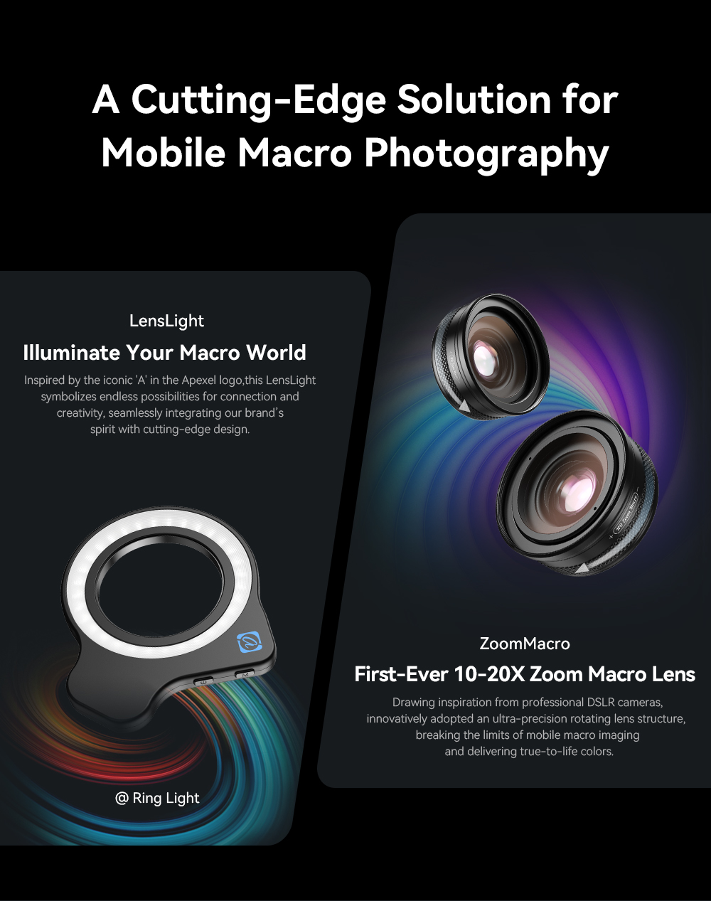 APEXEL Zoom Macro Lens With adapter Ring LED Light Kit, 3 Color Temp ...