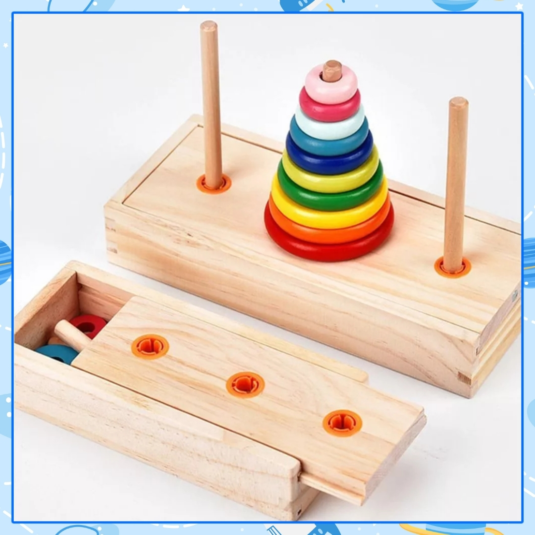 10 Rings Kids Toy Wooden Building Towers of Hanoi Math Puzzle Rainbow ...