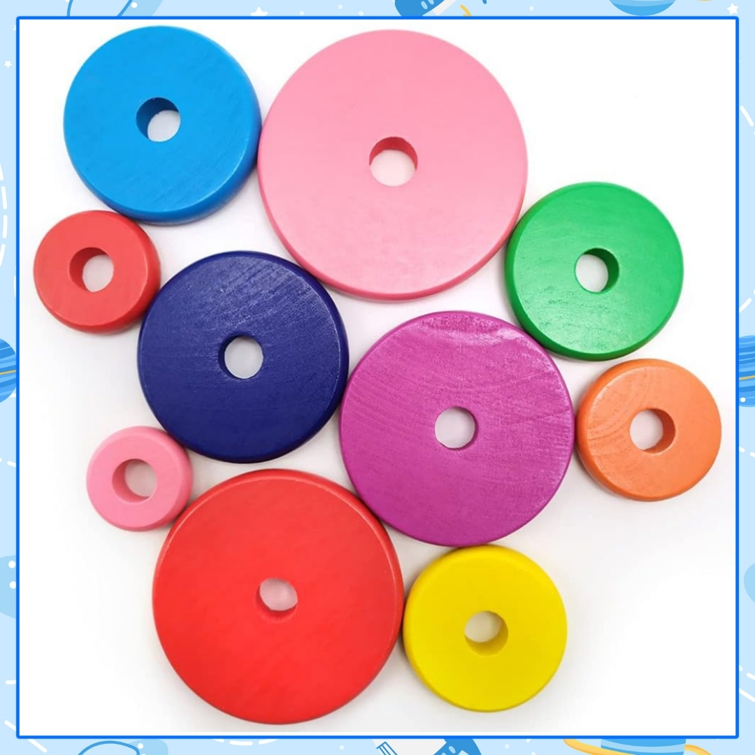 10 Rings Kids Toy Wooden Building Towers of Hanoi Math Puzzle Rainbow ...