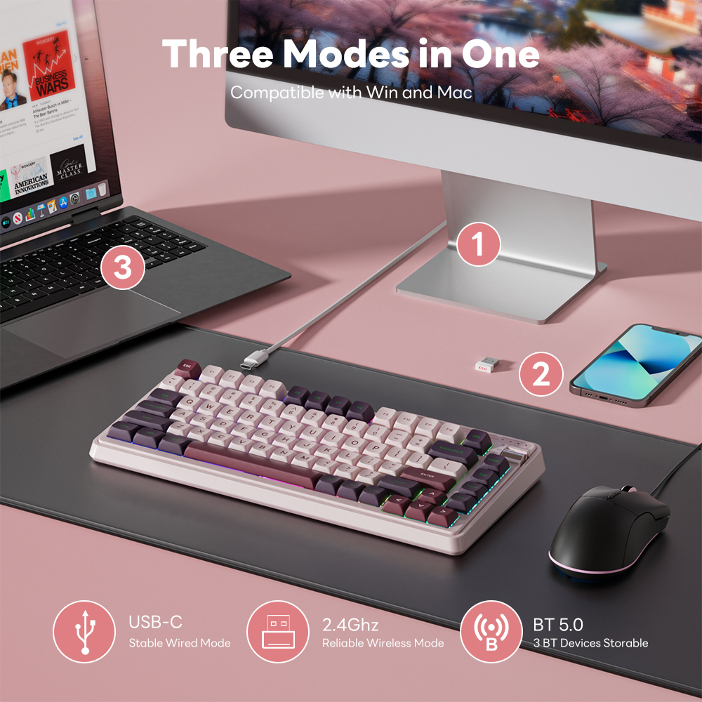 KZZI K75 Lite Nezuko Purple 75% Gasket Mount RGB Gaming Keyboard Wireless Mechanical Keyboard ...