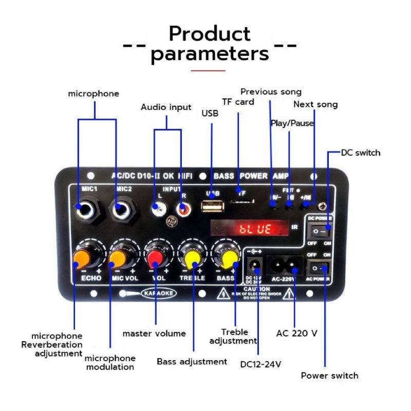 D10-Ⅱ With display Digital bluetooth stereo Amplifier board 8-12inch speaker 220v 12v 24v ...