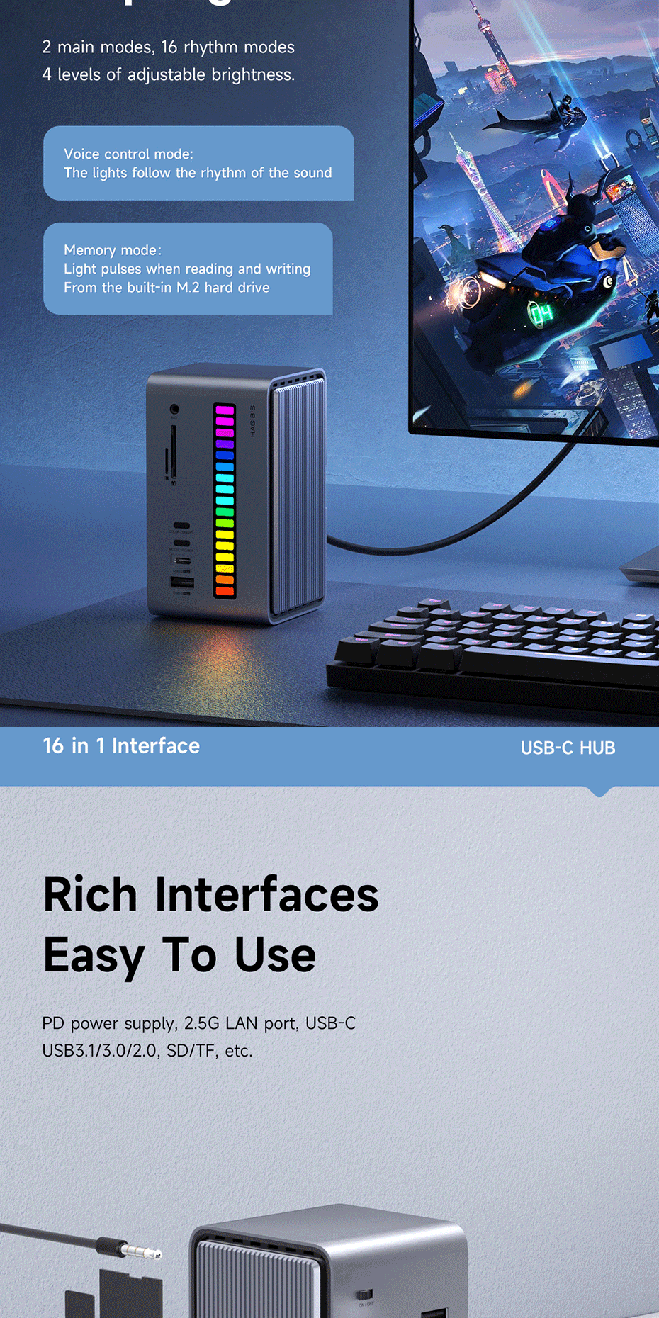 Hagibis Dual USB C Docking Station Triple Monitor LED Strip Light USB-C ...