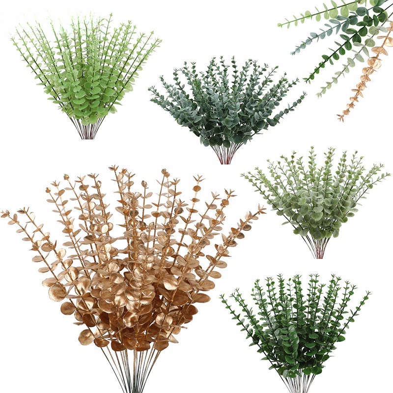 Ten Pack Artificial Eucalyptus Leaves Green Gold Fake Plant Branches ...