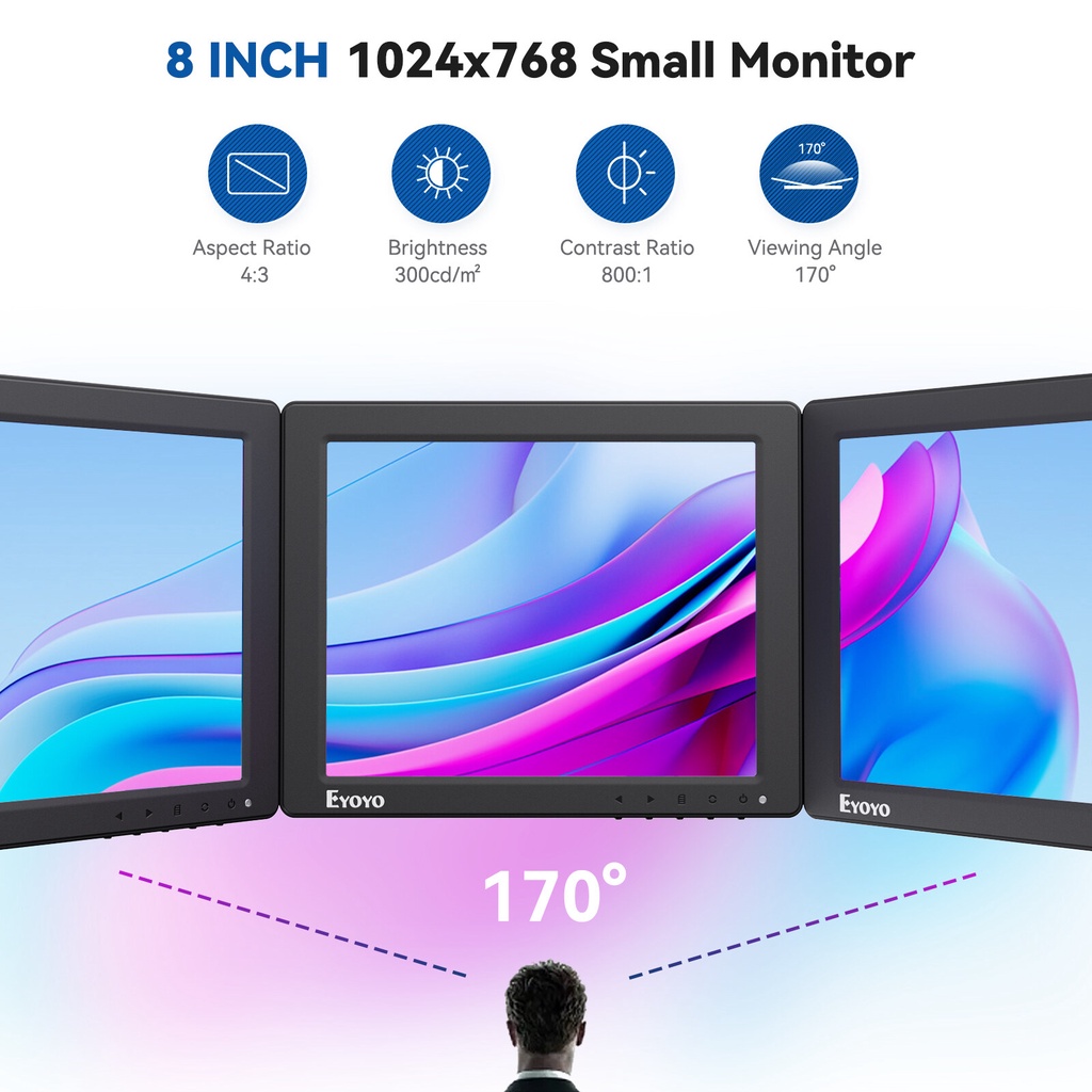 Eyoyo 8 Inch Small Monitor, 1024x768 4:3 IPS HDMI Monitor Support HDMI ...