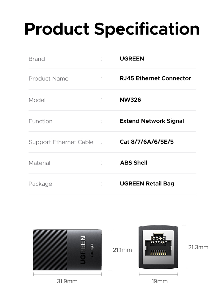 UGREEN 10Gbps RJ45 Ethernet Connector For Cat 8/7/6A/6/5E/5 Ethernet ...