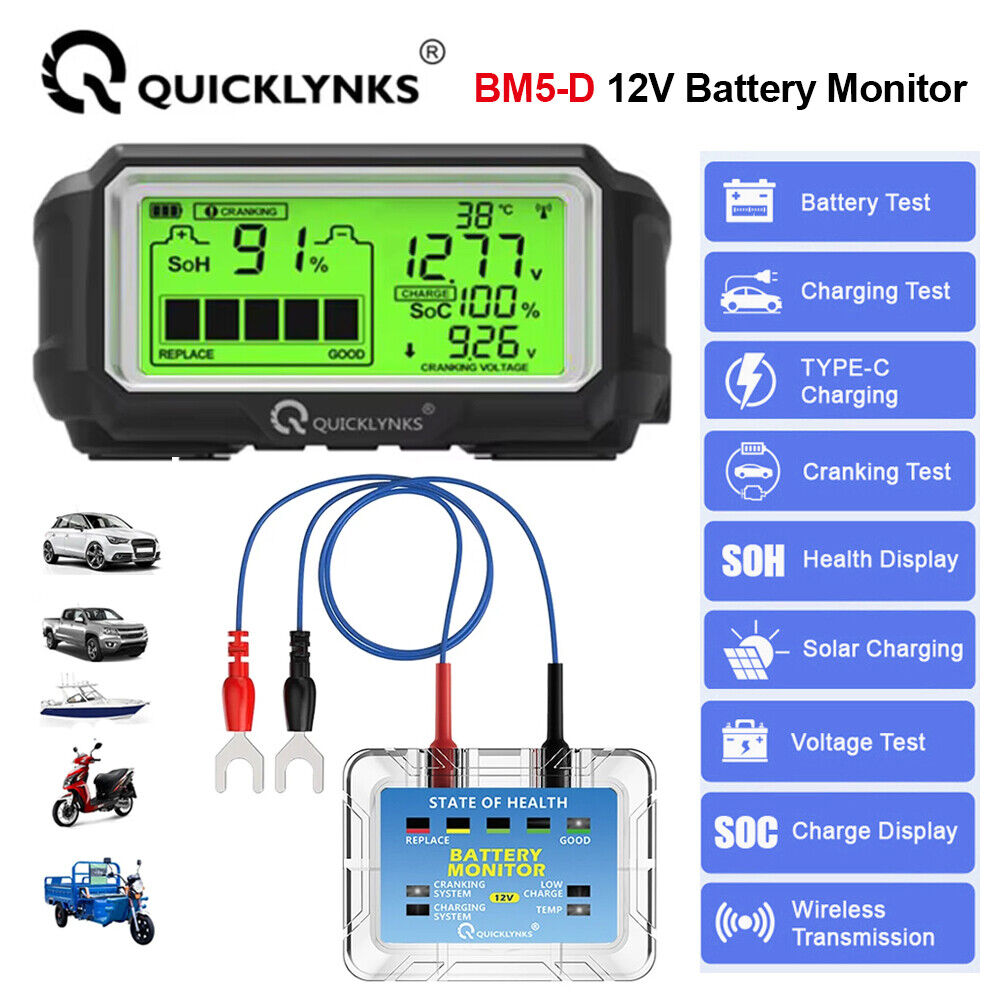 QUICKLYNKS BM5-D Car Battery Tester 12V Battery Health Monitor Battery ...