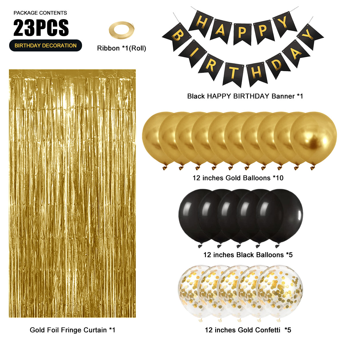 23pcs Birthday Balloon Set Happy Birthday Banner Backdrop Gold Foil Curtain Metallic Confetti ...