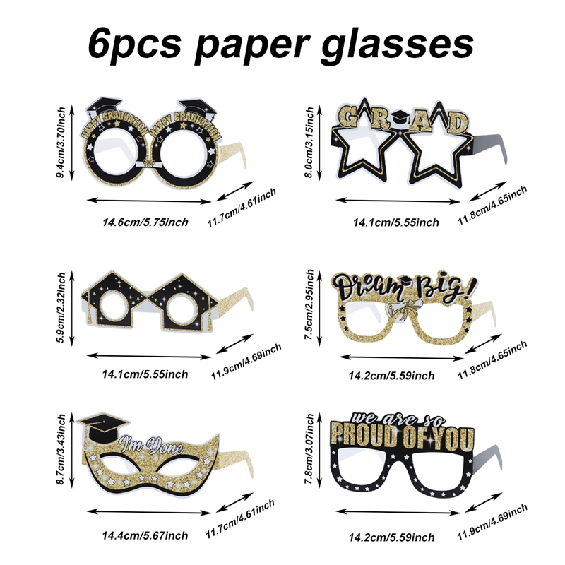 6pcs Graduation Back Gold Paper Glasses Graduation Photo Booth Props ...
