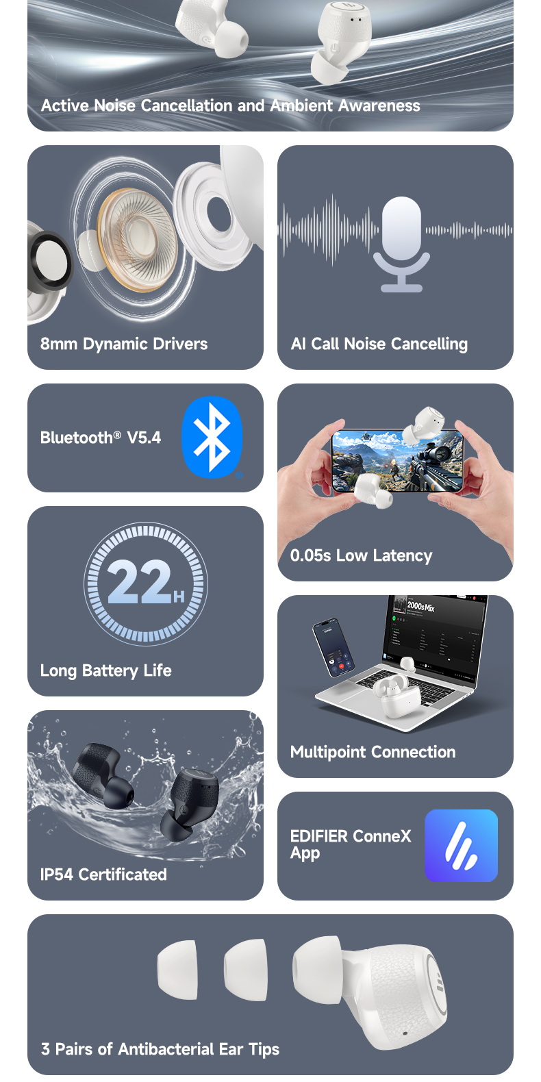 EDIFIER T30 Bluetooth V5.4 Earbuds Active Noise Cancellation Earphones ...