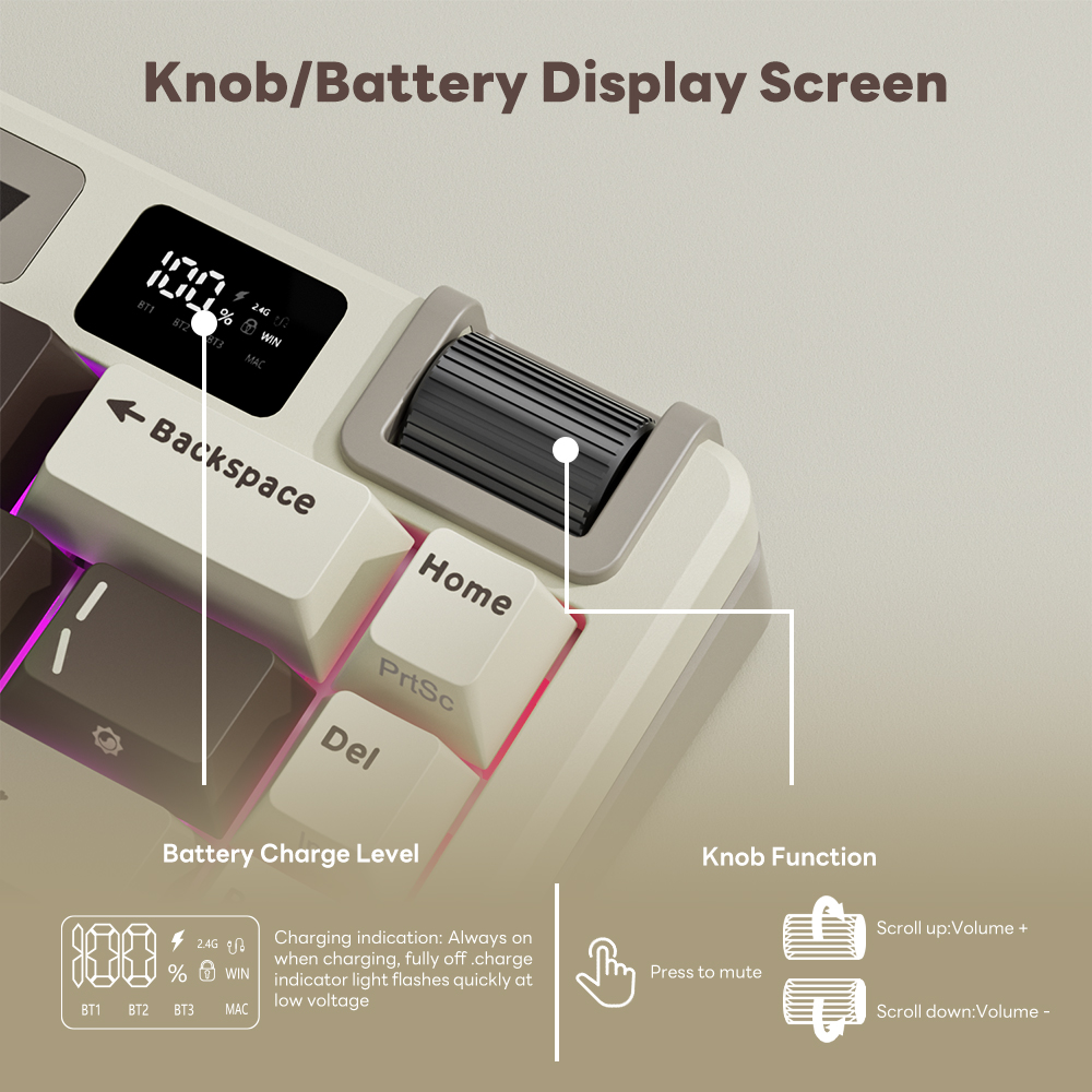 Royal Kludge RK M70 Mocha Grey 73 Key Tri-Mode Wireless With TFT Screen Gasket Mechanical ...