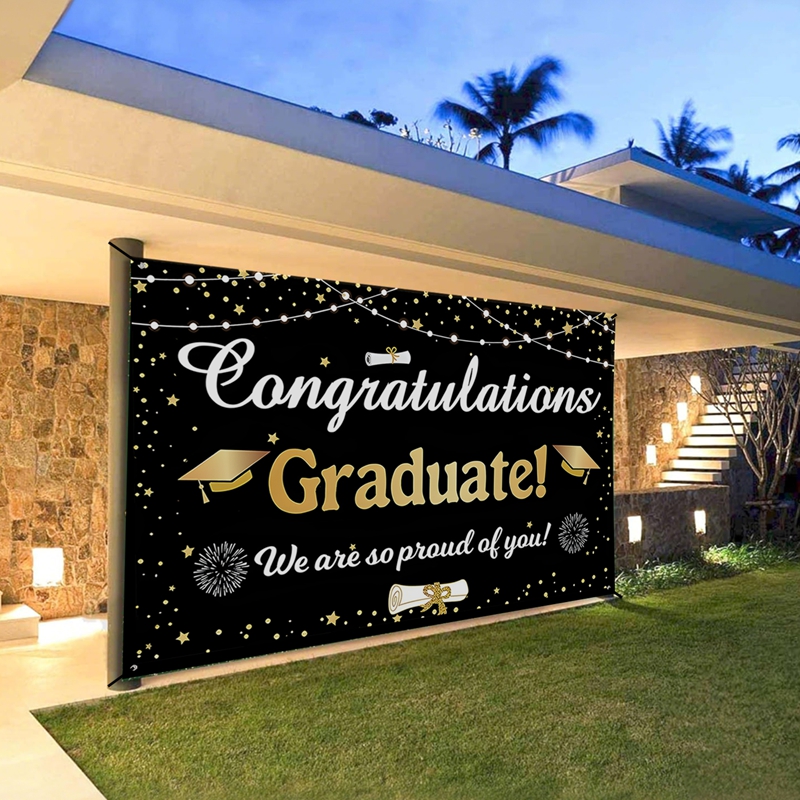 Black Gold Graduation Banner 150*100cm Polyester Happy Graduation ...