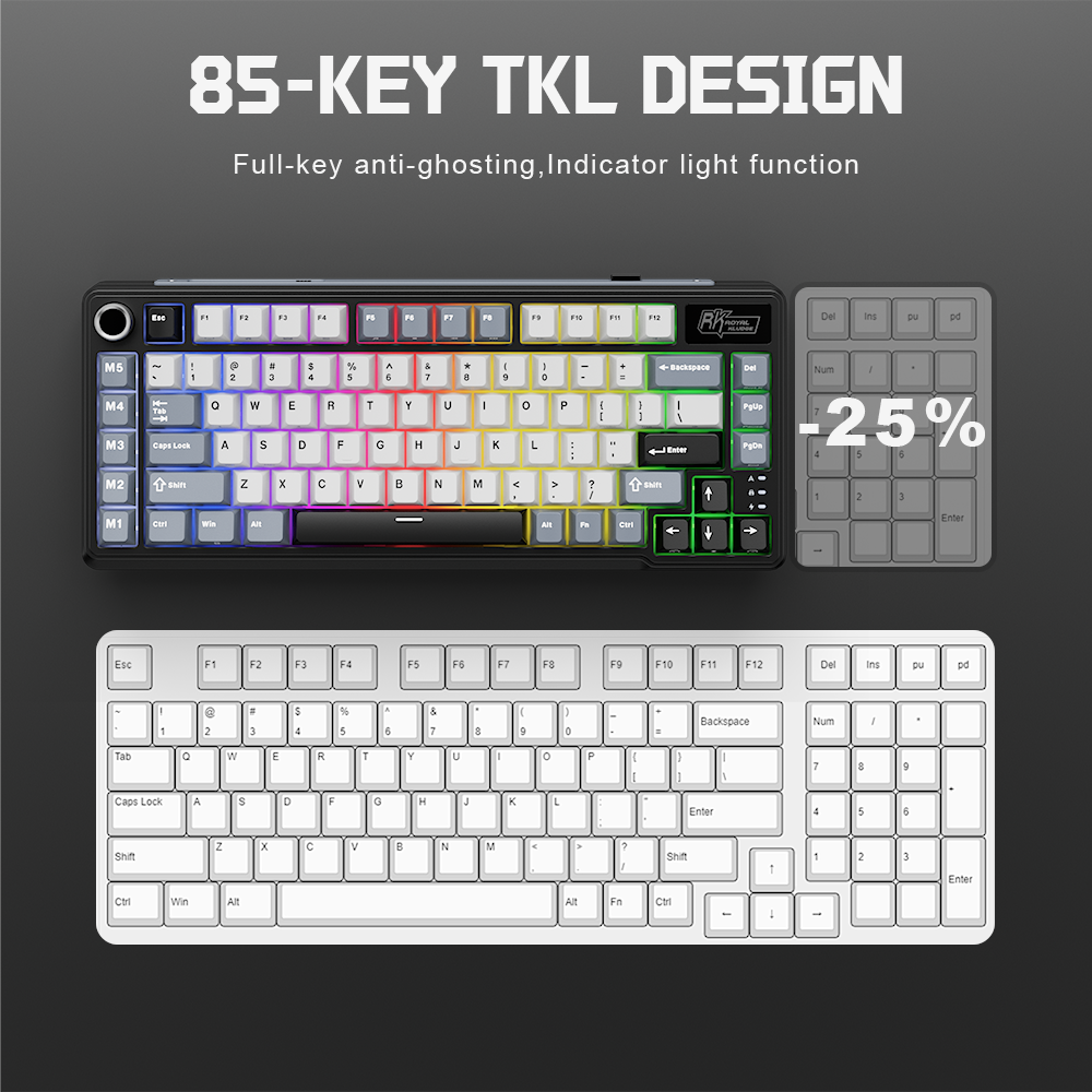 Royal Kludge RK L75 Knight Black 85 Key Diy 3 Modes RGB Wired Bluetooth ...