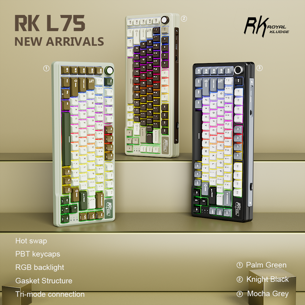 Royal Kludge RK L75 Mocha Grey 85 Key Diy Tri-Mode RGB Wired Bluetooth ...