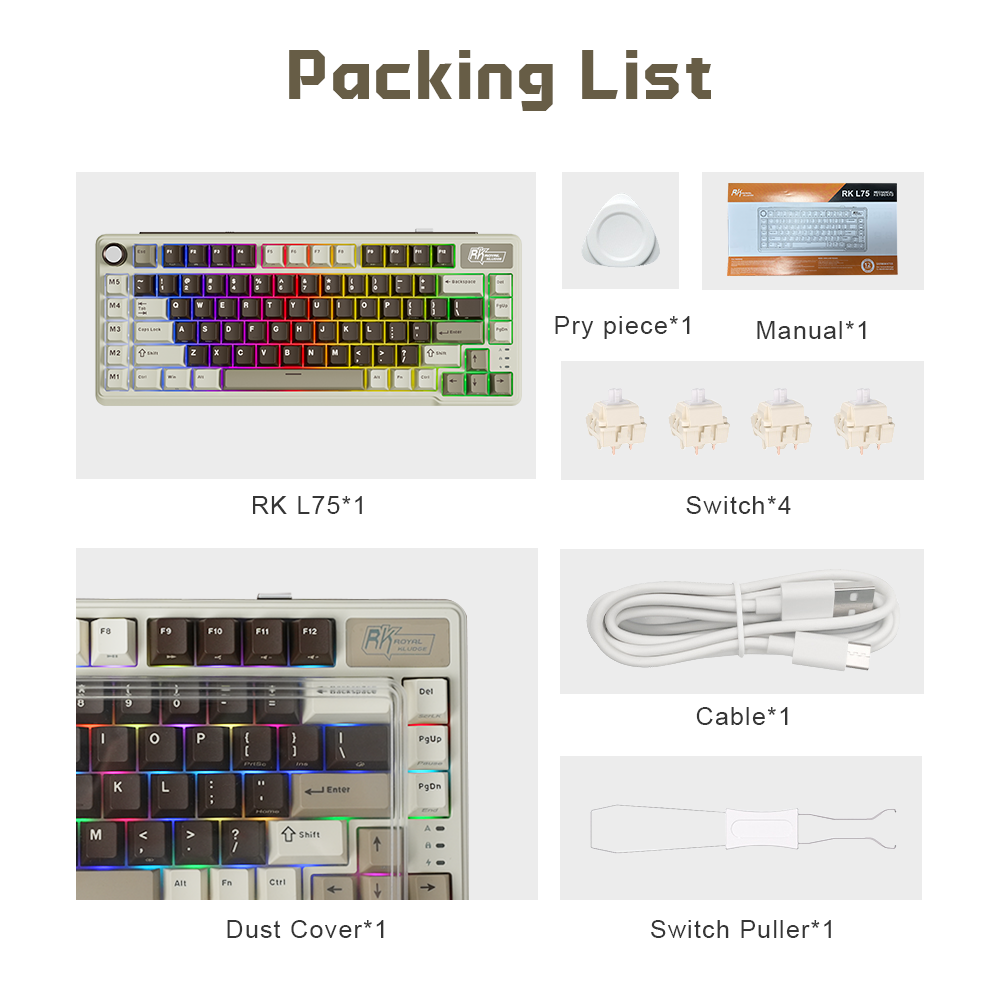 Royal Kludge RK L75 Mocha Grey 85 Key Diy Tri-Mode RGB Wired Bluetooth ...