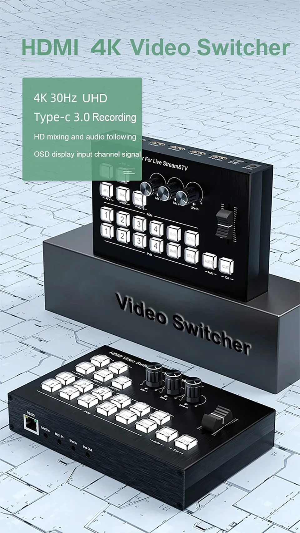 4K Video Switcher 4 Channel HDMI Multi Camera Streaming Live Production ...