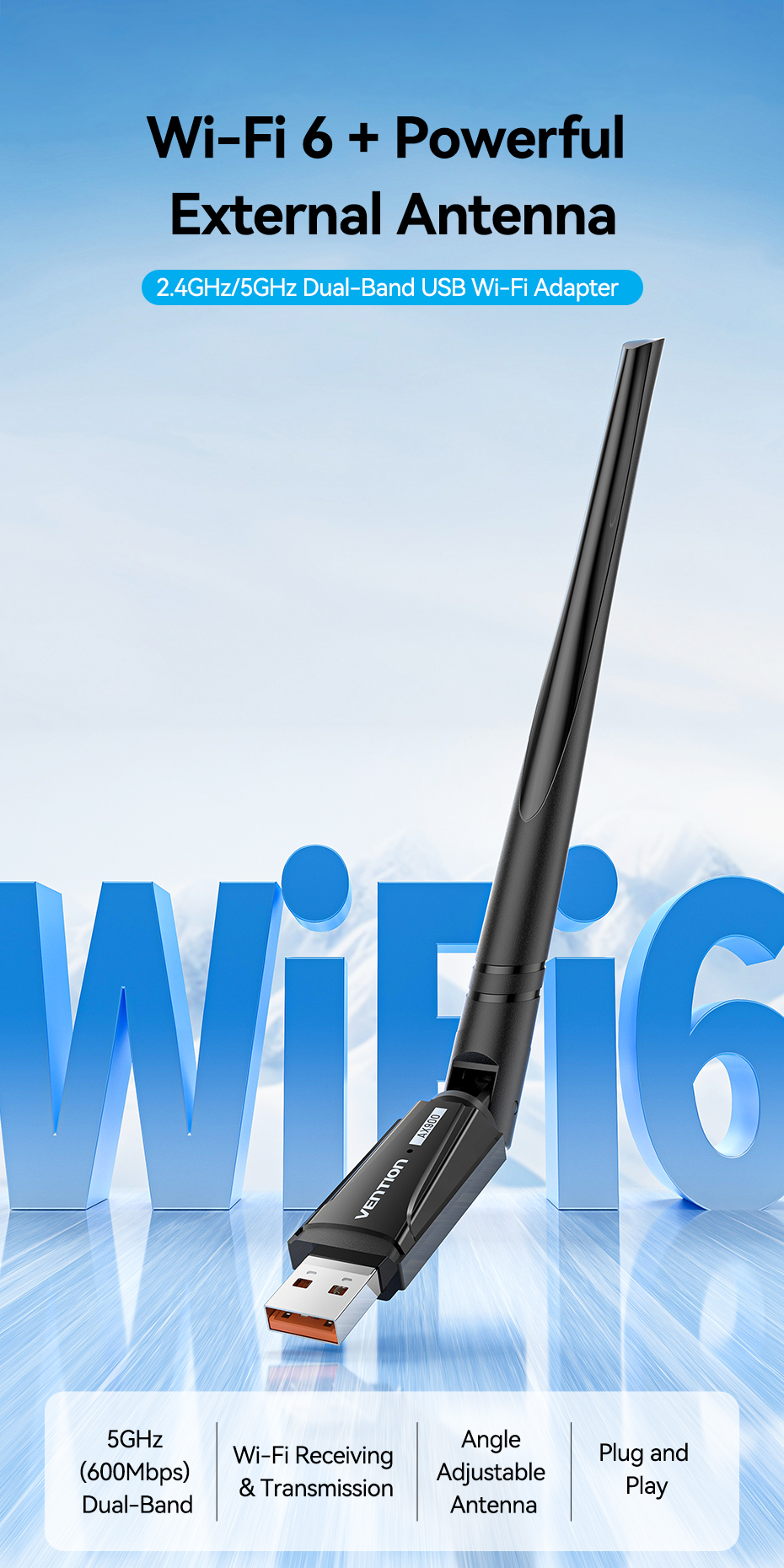 Vention WiFi 6 USB Wi-Fi Adapter Dual Band 5GHz/2.4GHz 600Mbps Audio ...