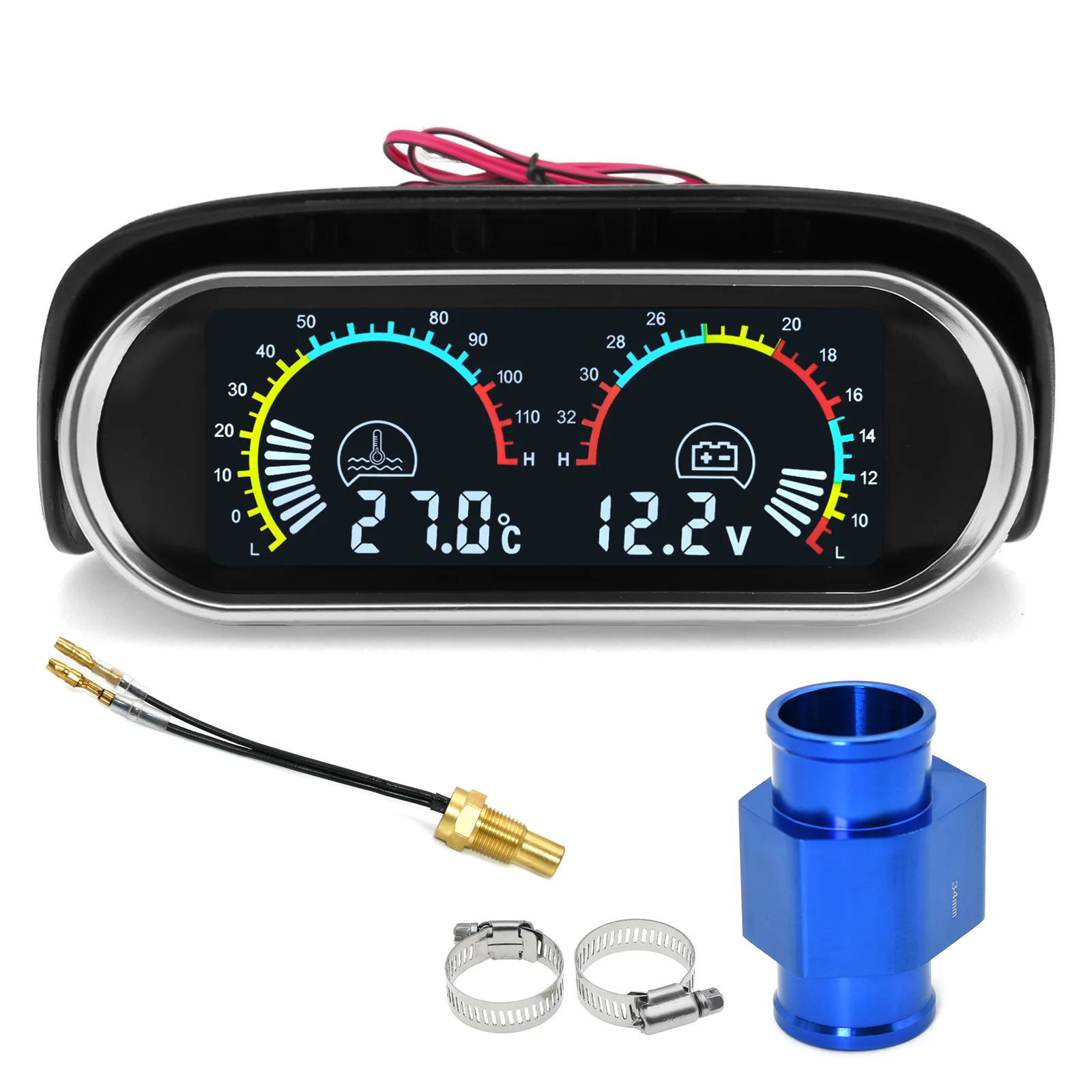 12V 24V 2 IN 1 LCD Digital Truck Car Water Temperature Gauge Voltage 1/ ...