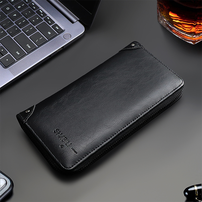 MENSPE Men’s Fashion Retro Long Soft Leather Leisure Business Handheld ...