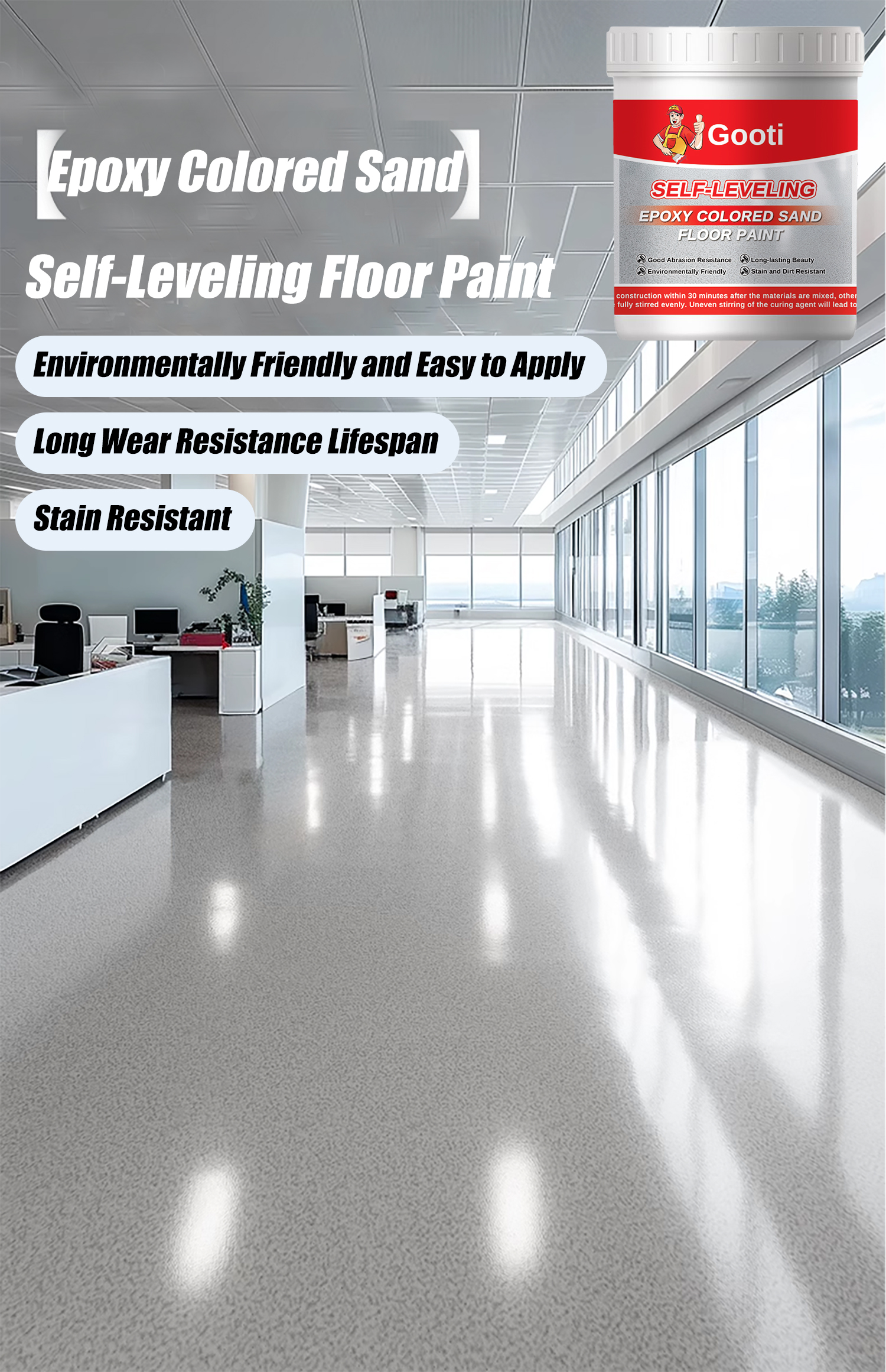 Epoxy Colored Sand Self Leveling Floor Paint Non-Slip Easy-Clean Surface for Household Indoor ...