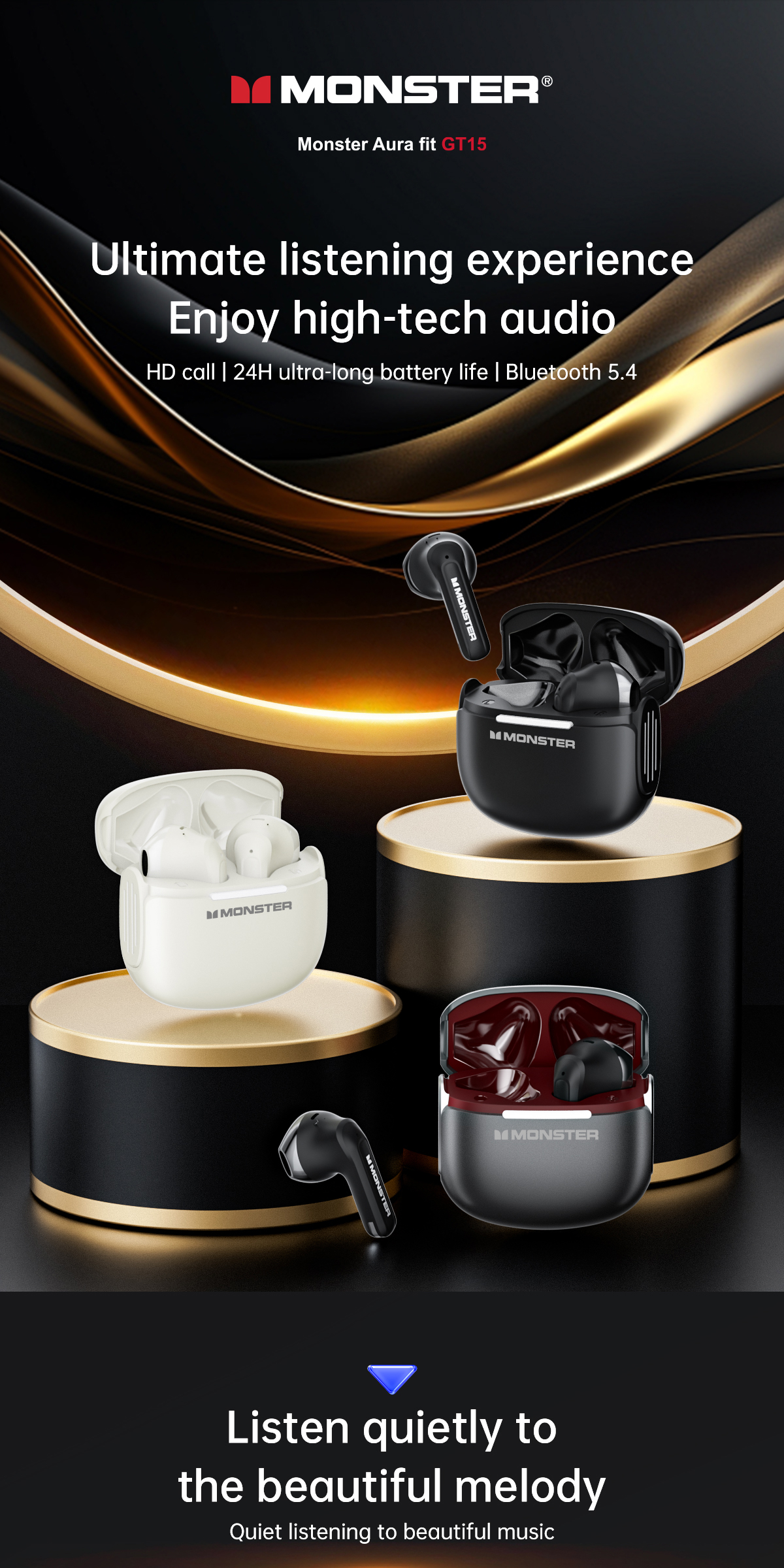 Monster GT15 Wireless Earphone Bluetooth 5.4 HD Calls Noise Cancelling ...