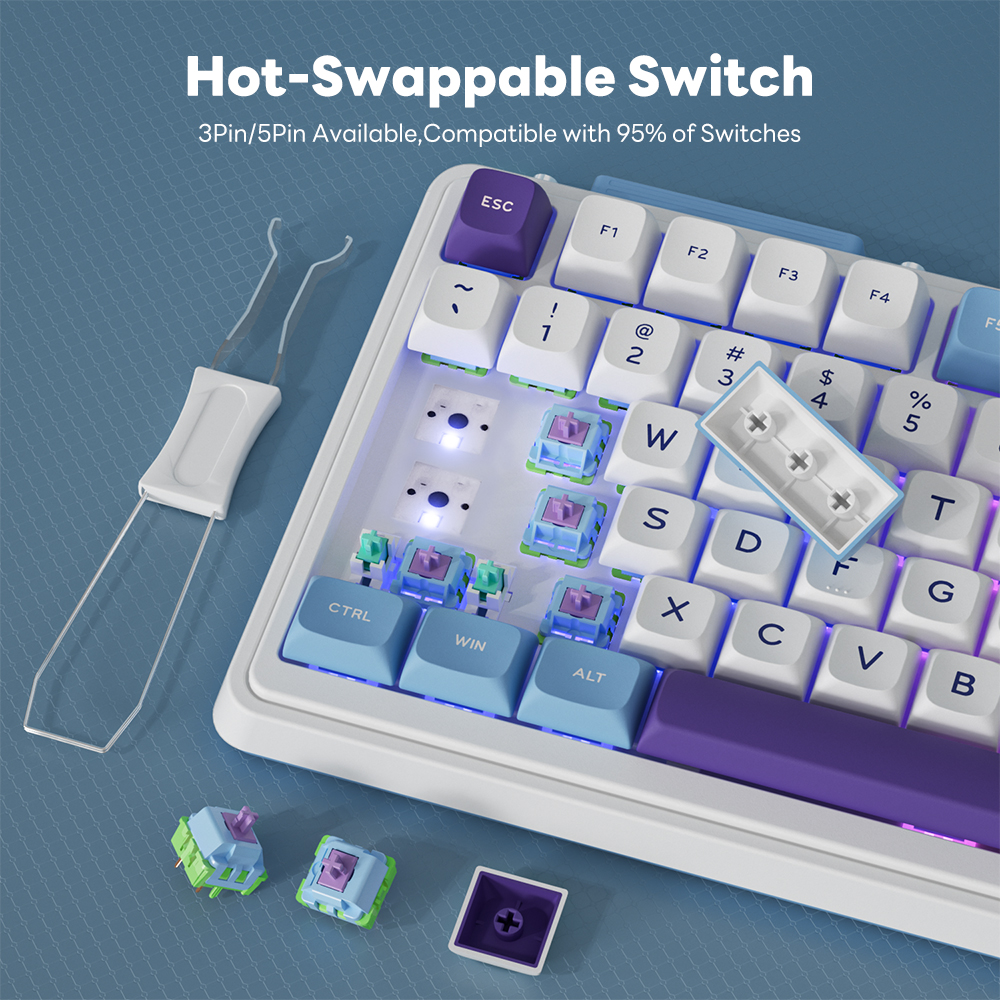 KZZI K75 Lite Blue Sea Wireless 75% Gasket Mount RGB Gaming Keyboard 3-Mode BT 5.0/2.4G/USB-C ...