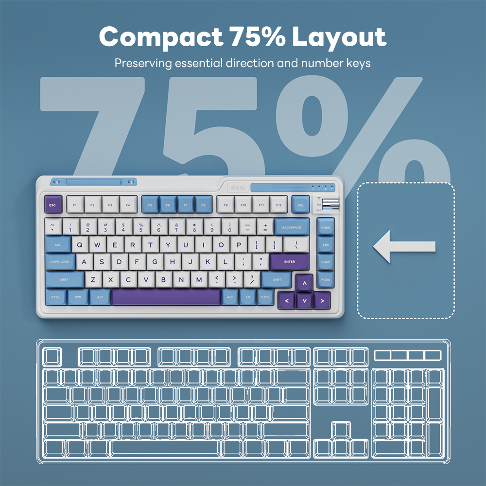 KZZI K75 Lite Blue Sea Wireless 75% Gasket Mount RGB Gaming Keyboard 3-Mode BT 5.0/2.4G/USB-C ...