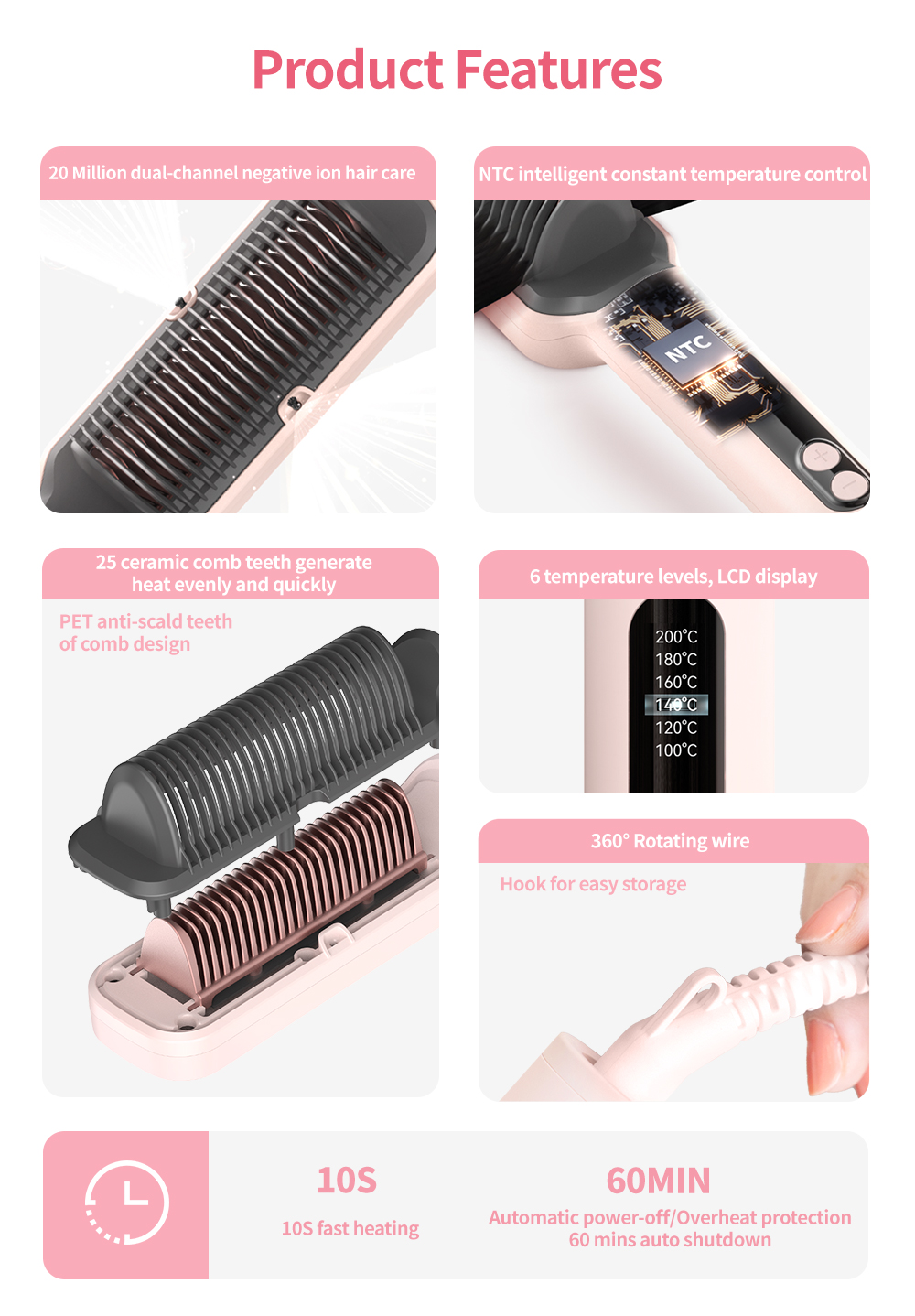 Simplus Hair Brush Straightener Negative Ion Anti-Scalding Hair Brush ...