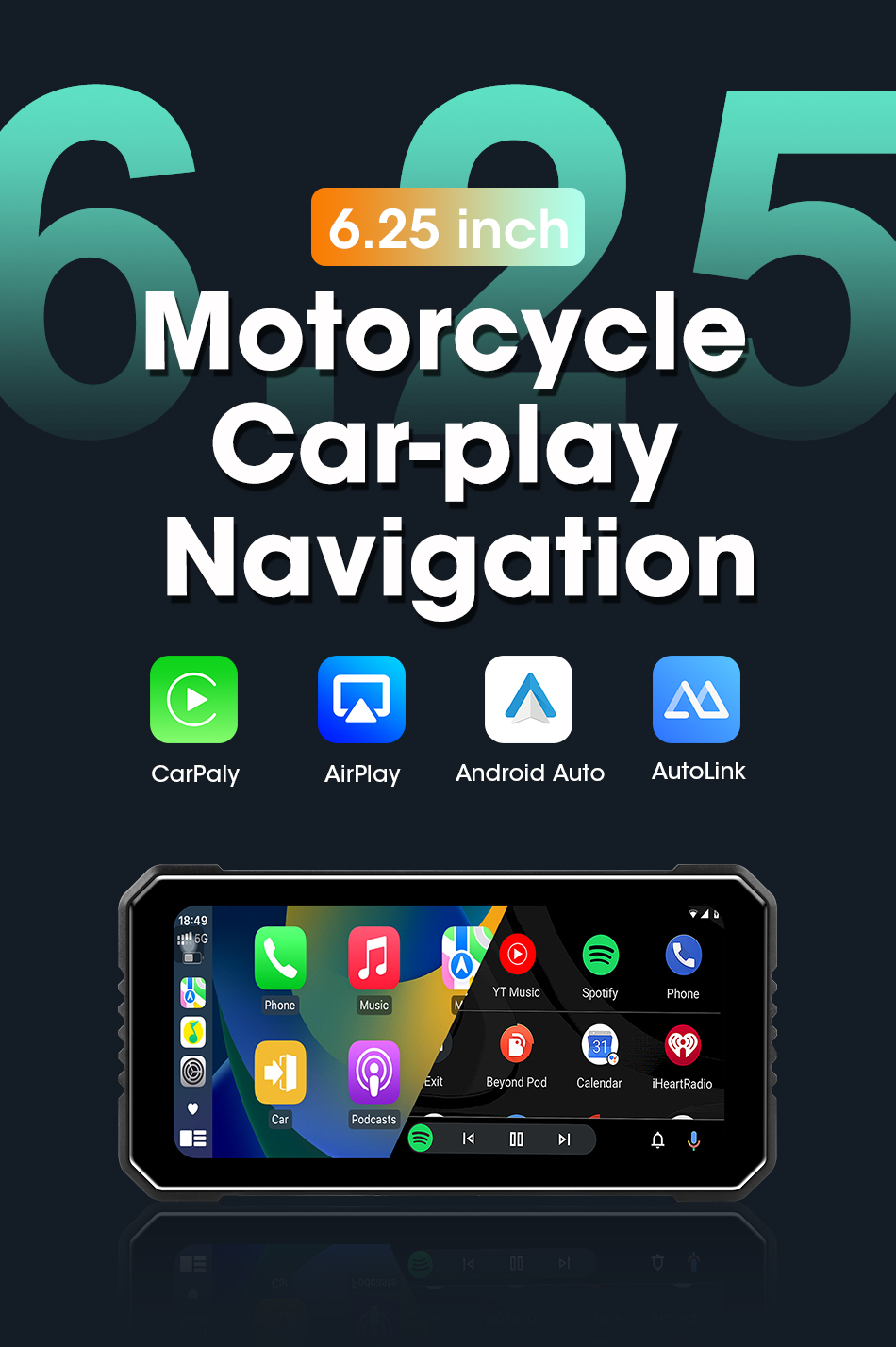 Jansite 6 Inch Motorcycle Navigator Wireless Apple CarPlay DVR Portable ...