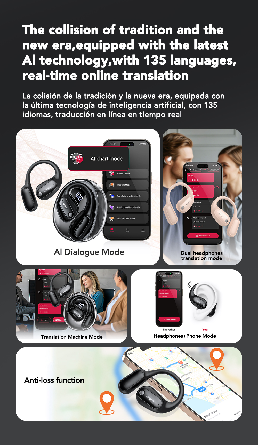 MINISO MS190 Al Smart Real-Time Translation Open Ear Wireless Earphone ...
