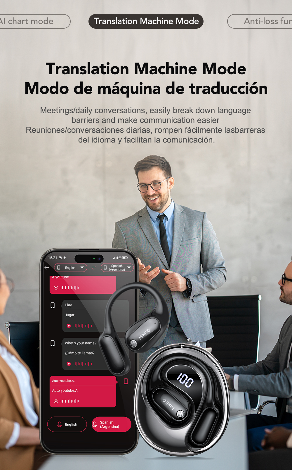 MINISO MS190 Al Smart Real-Time Translation Open Ear Wireless Earphone ...