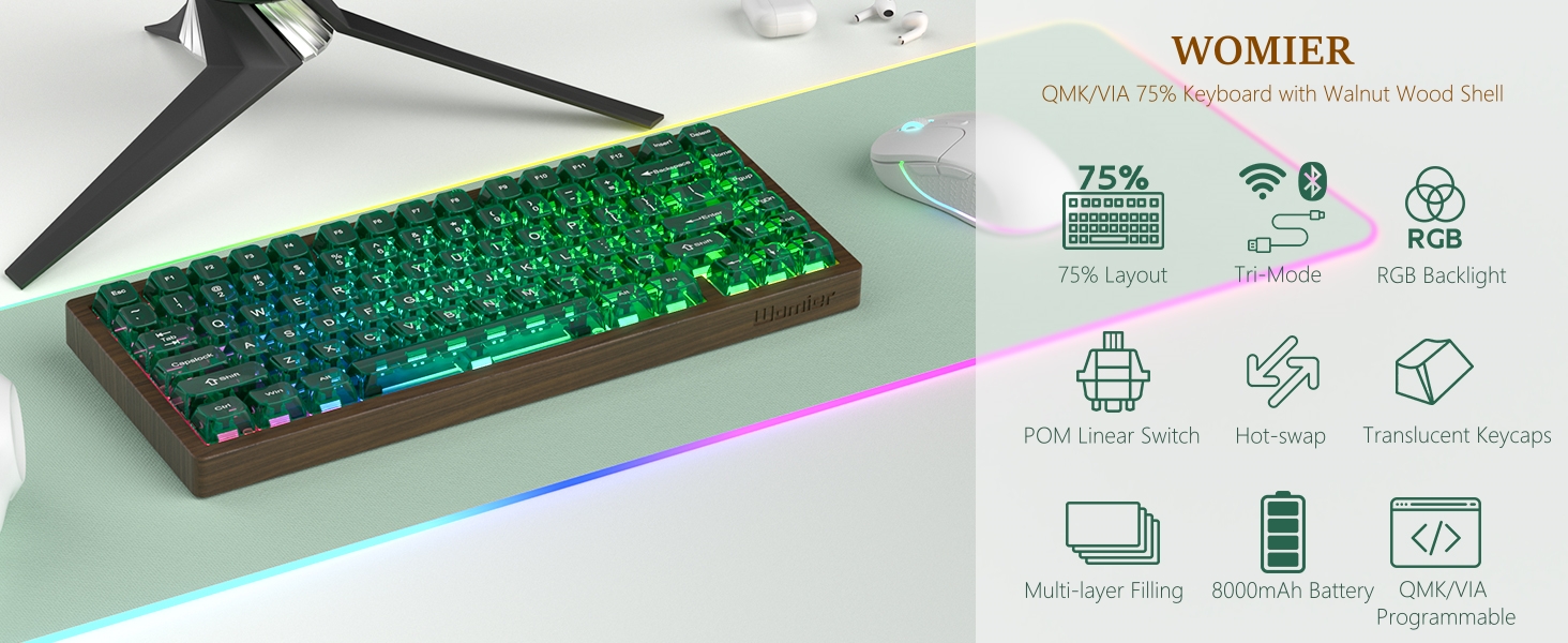 Womier WD75 Wood Gaming Keyboard QMK/VIA Tri-Mode Wireless RGB Hot ...