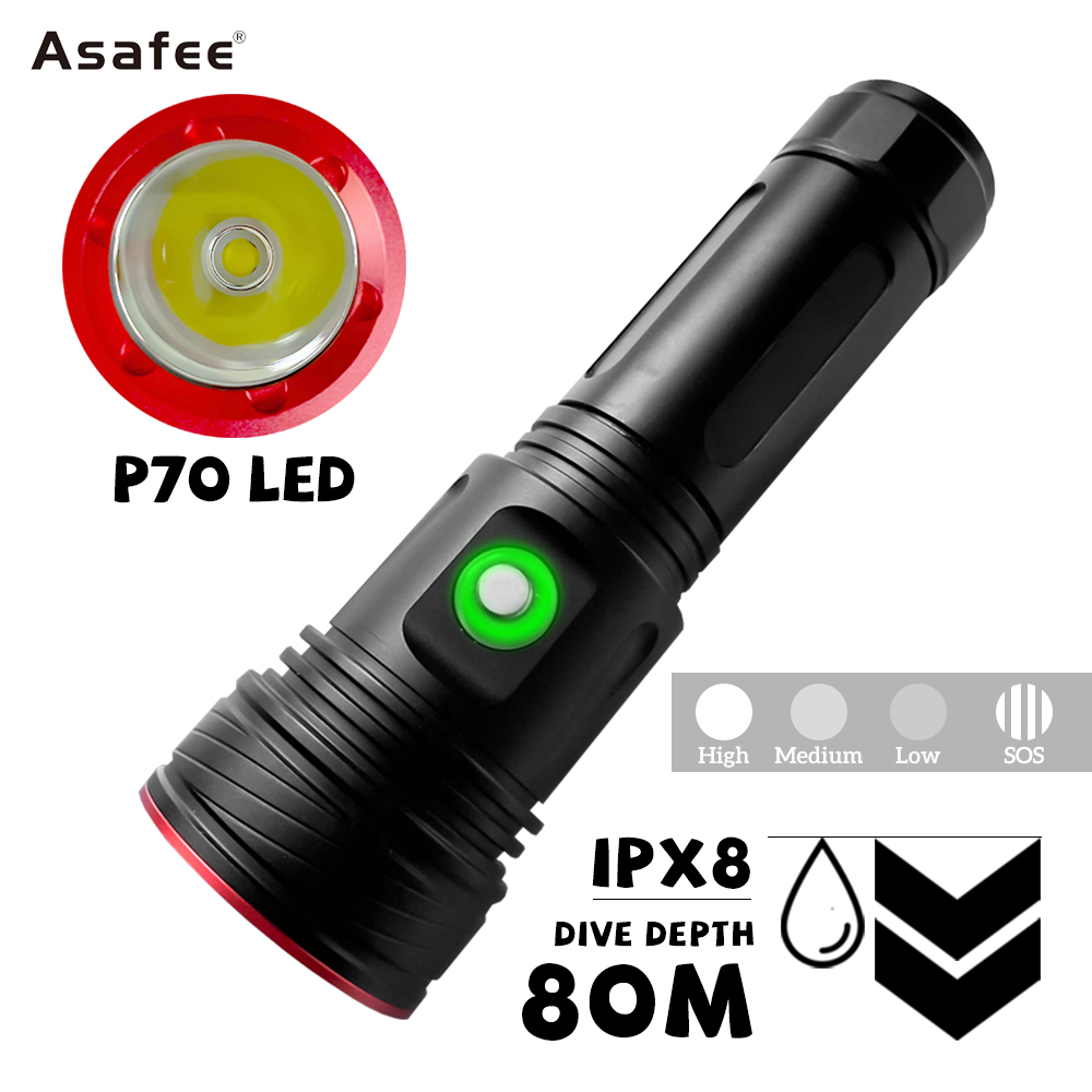 Asafee AF07D P70 LED 2400LM Diving Flashlight Torch 80M Underwater ...