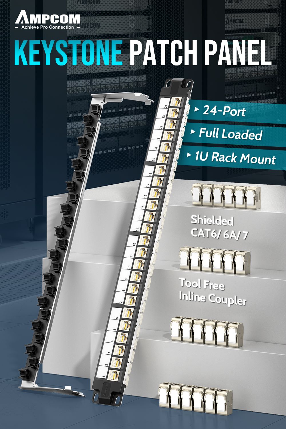 AMPCOM 1U 24-Port Keystone Patch Panel,STP Rack-Mounted with Rear Cable ...