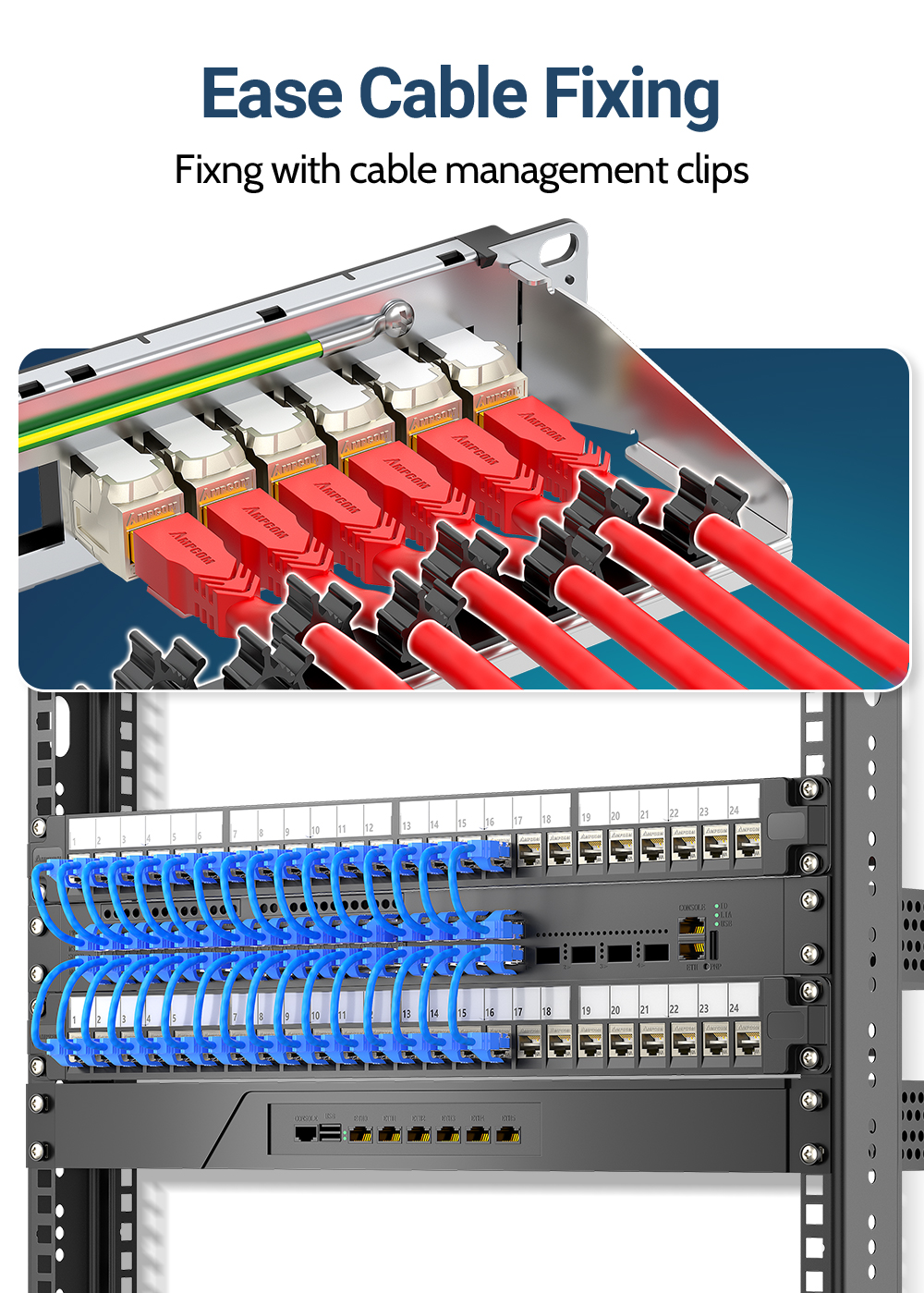 AMPCOM 1U 24-Port Keystone Patch Panel,STP Rack-Mounted with Rear Cable ...