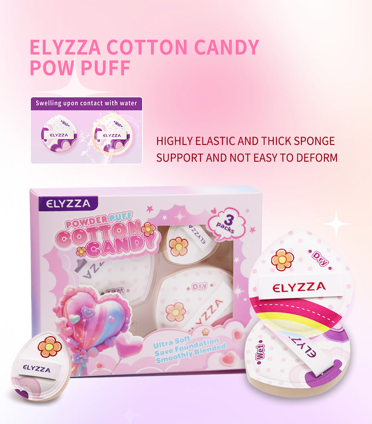 [Sent From Manila] Elyzza Cotton Candy Puff Set: 1 Dry Puff, 1 Wet Puff ...