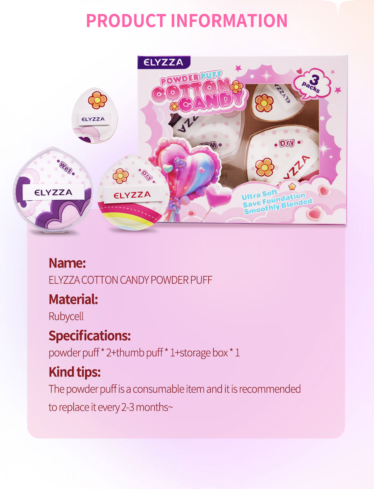 [Sent From Manila] Elyzza Cotton Candy Puff Set: 1 Dry Puff, 1 Wet Puff ...